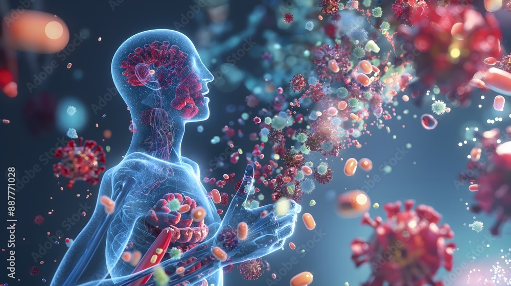 11 A 3D Model Of The Body With Animated Vitamin Particles Being 11-a-3d-model-of-the-body-with-animated-vitamin-particles-being