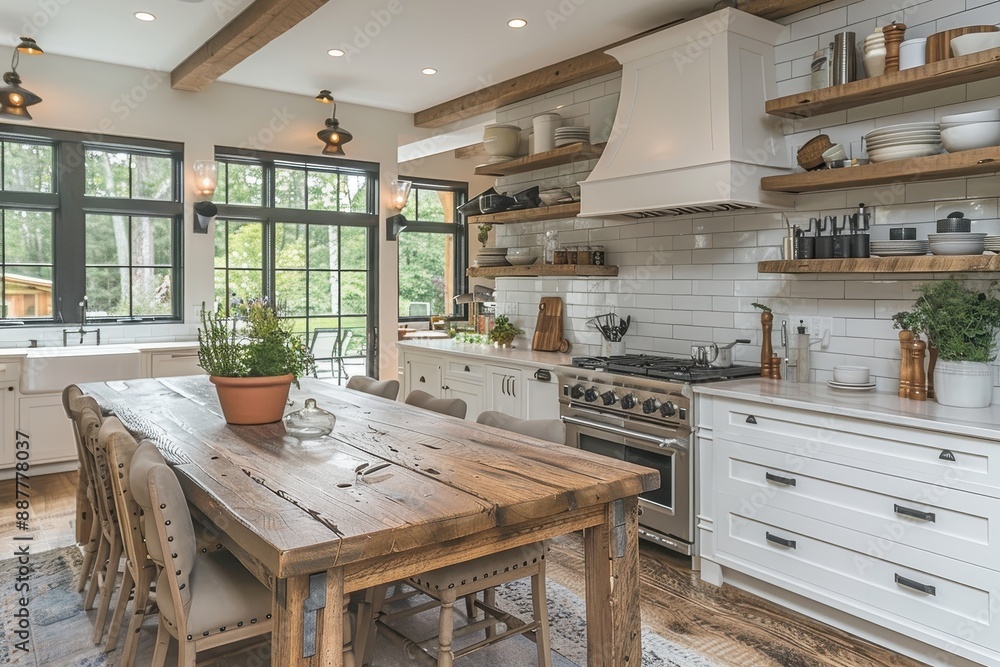 Farmhouse Kitchen A farmhouse-style kitchen with white shaker cabinets ...