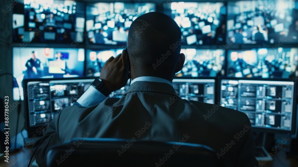Back view of African American security operator use computer with ...