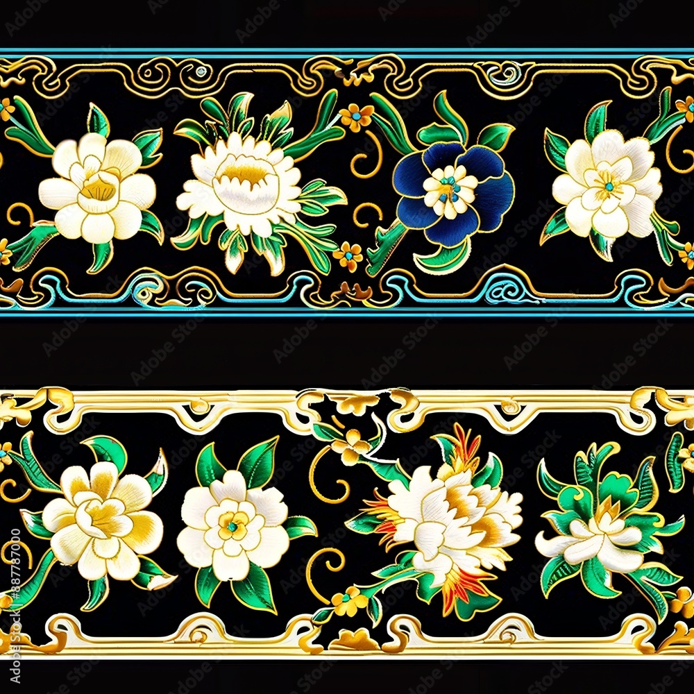 Elegant chinese floral pattern with golden accents on a black ...