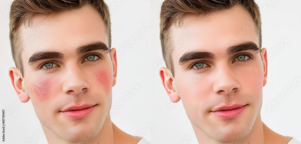 Rosacea & Skin Conditions : Men's Faces, Before After Treatment. Close ...