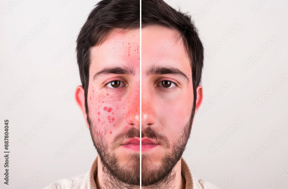 Rosacea & Skin Conditions : Men's Faces, Before After Treatment. Close ...