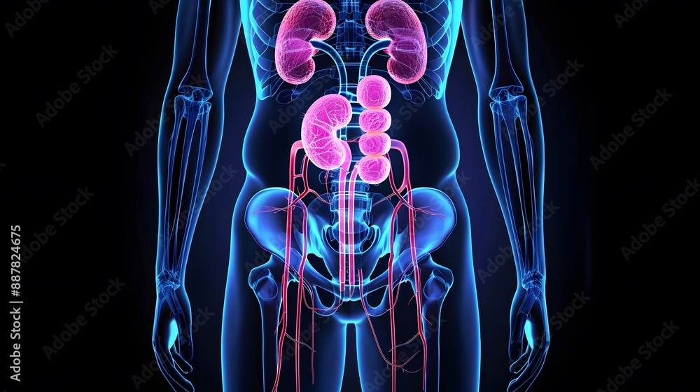 A 3D illustration of the human urinary system, highlighting the kidneys ...