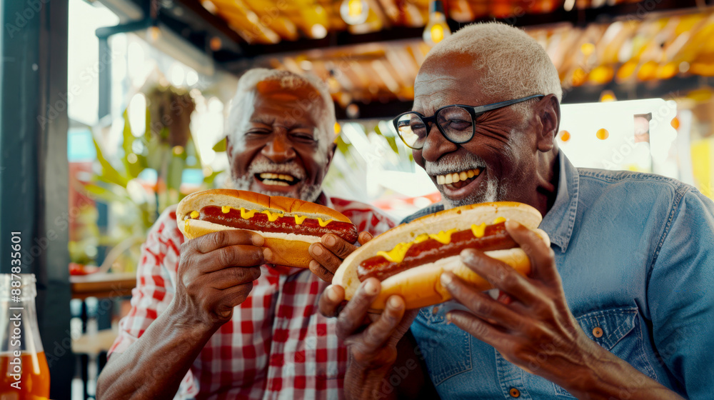 A cheerful black elderly gay couple eats hot dogs in a cafe. Two old ...