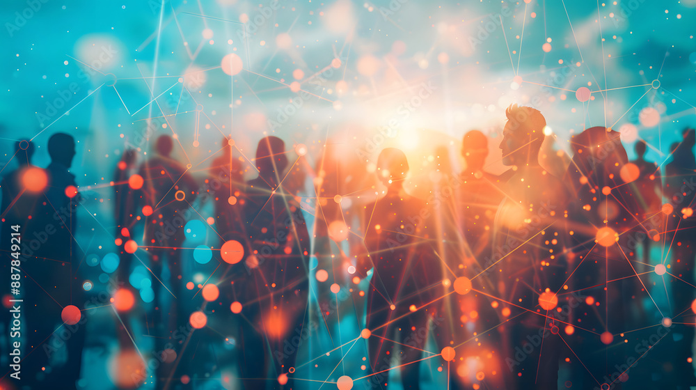 network silhouette diverse group of people connection connected digital ...