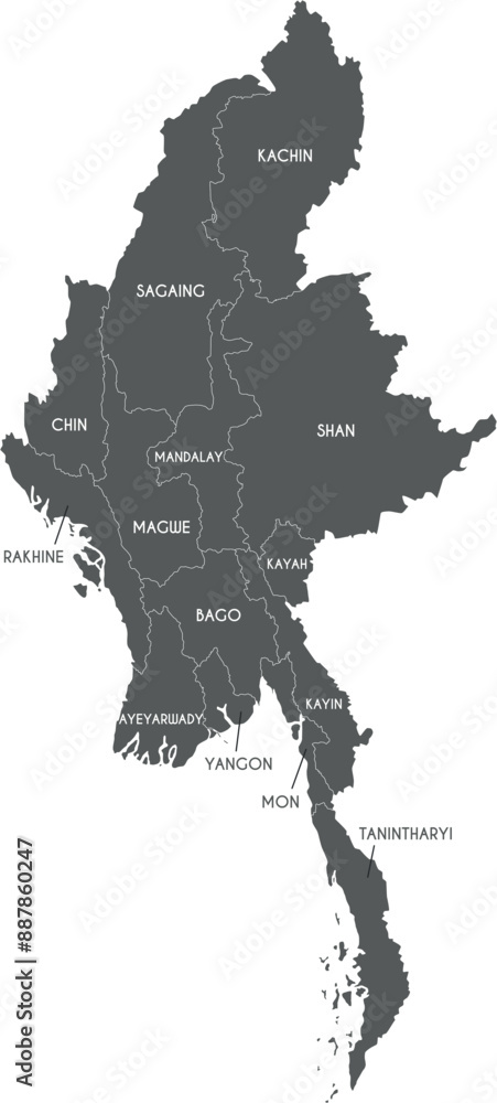 Vector map of Myanmar with regions, states and administrative divisions ...