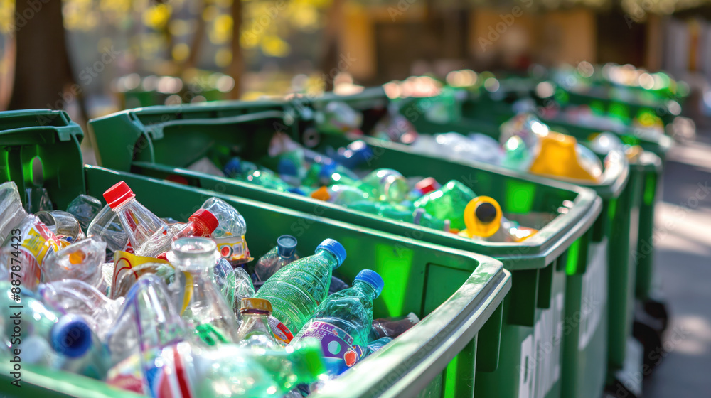 Rows of green recycling bins filled with various plastic bottles are ...