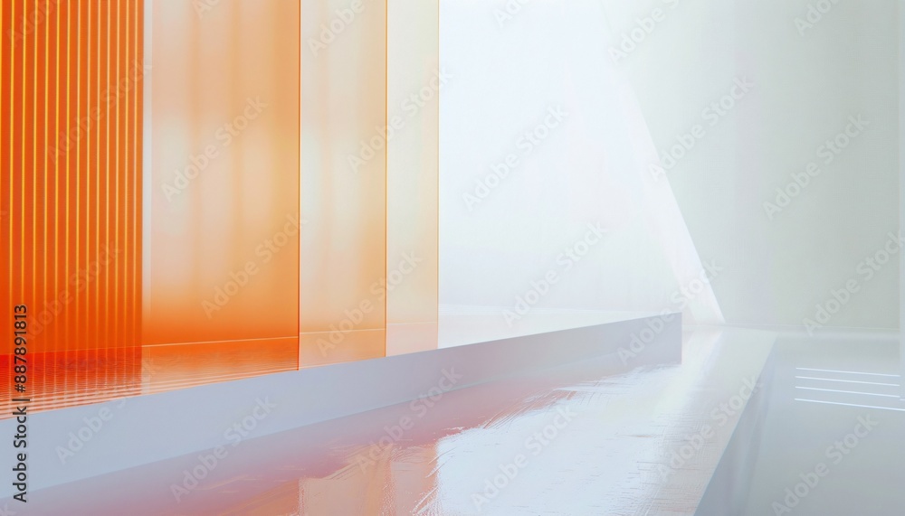 Enter a captivating white room with orange glass panels casting ...
