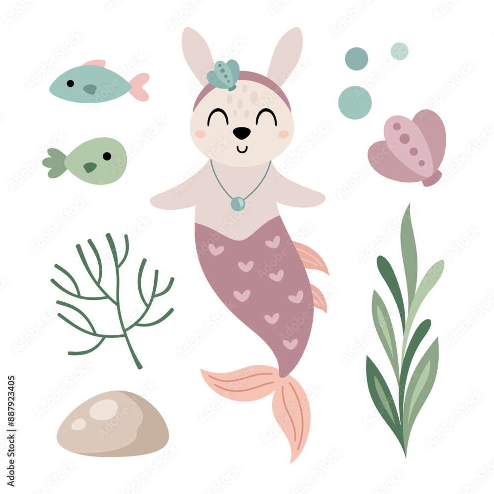 Mermaid clipart. Cute mermaid animal clipart in cartoon flat style ...