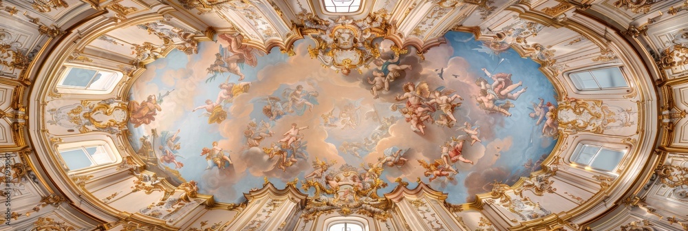 Rococo-style ceiling with pastel frescoes and gold leaf depicting ...