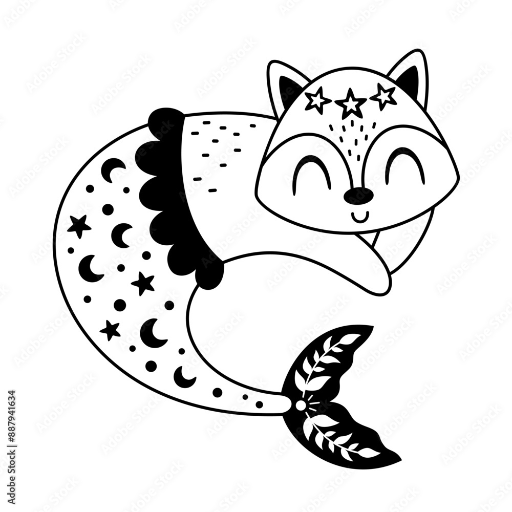 Bkack and white mermaid clipart. Cute mermaid animal clipart in cartoon ...