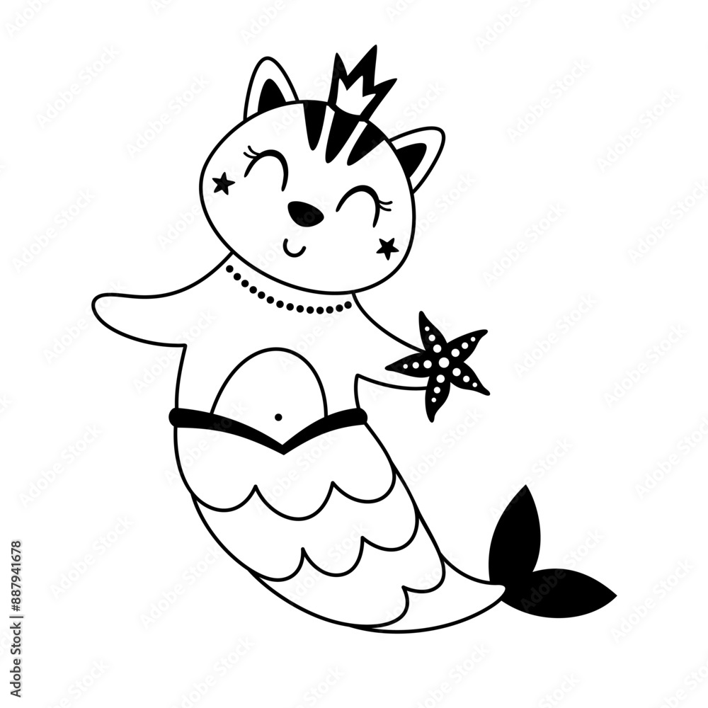 Vector de Stock Bkack and white mermaid clipart. Cute mermaid animal ...