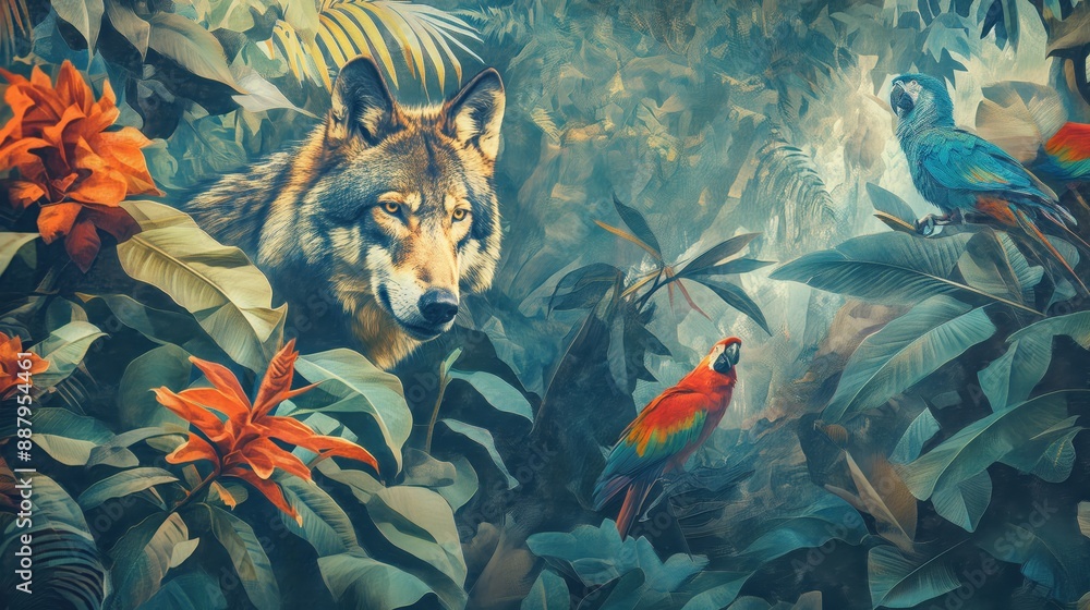 Vintage wallpaper of rainforest with wolves and colorful parrots ...
