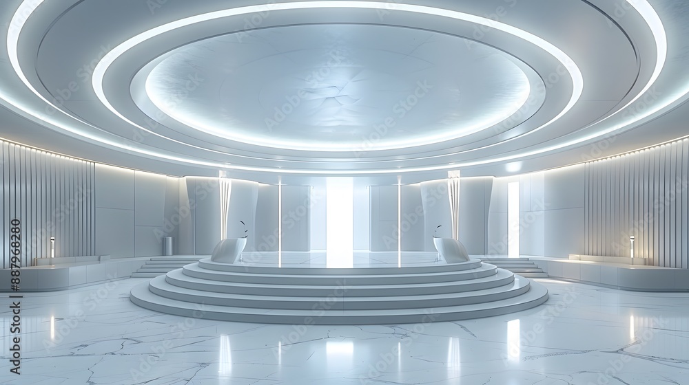 futuristic circular auditorium, white marble floor, curved stadium ...