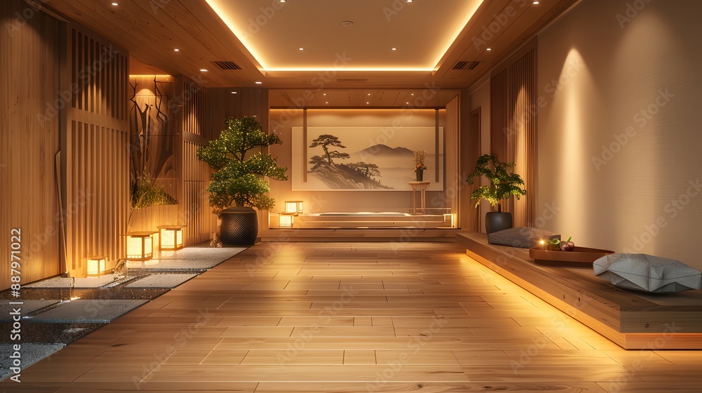 Modern Japanese entryway, wooden interior, enhanced lighting, warm LED ...
