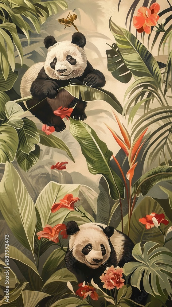 Vintage wallpaper of tropical jungle with pandas and tree frogs, pastel ...