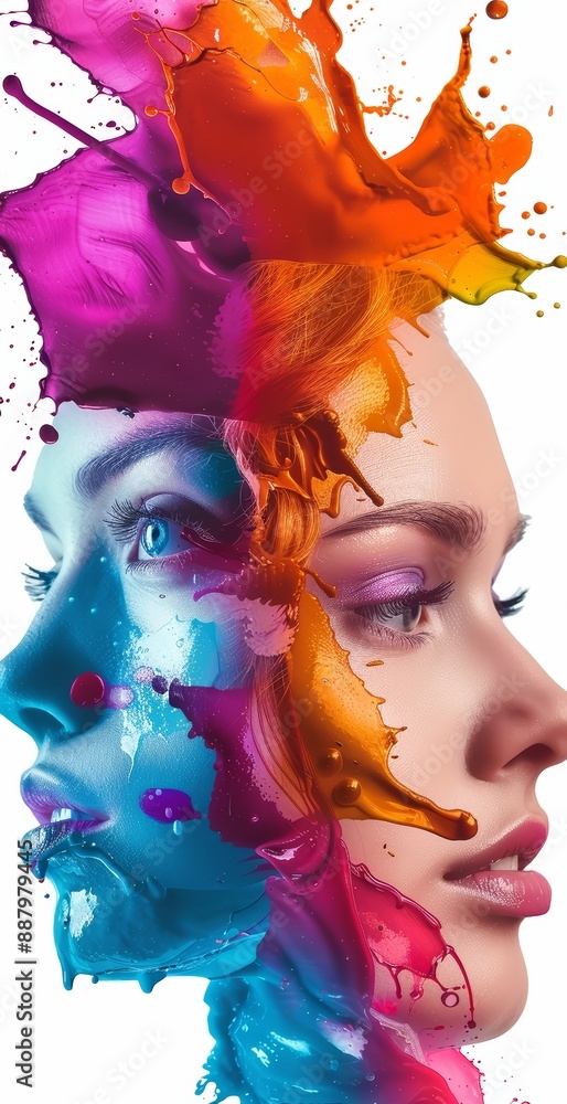 Faces of young people with colorful paint splash effect on white ...