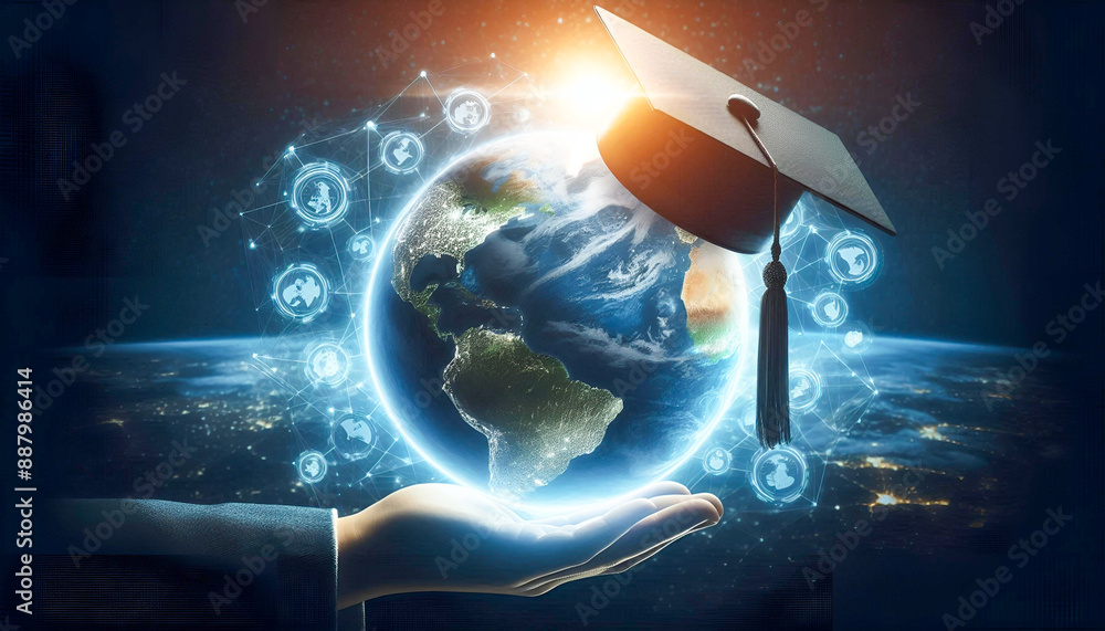 Graduated study abroad international Conceptual, Graduation hat on top ...