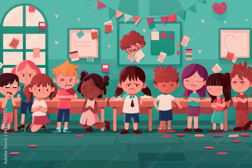 Vector Illustration of a Classroom Scene with Children Expressing ...
