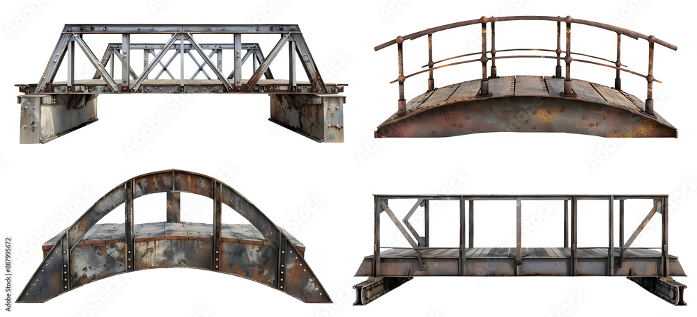 Set collection of arch rustic metal bridge front view on transparent ...