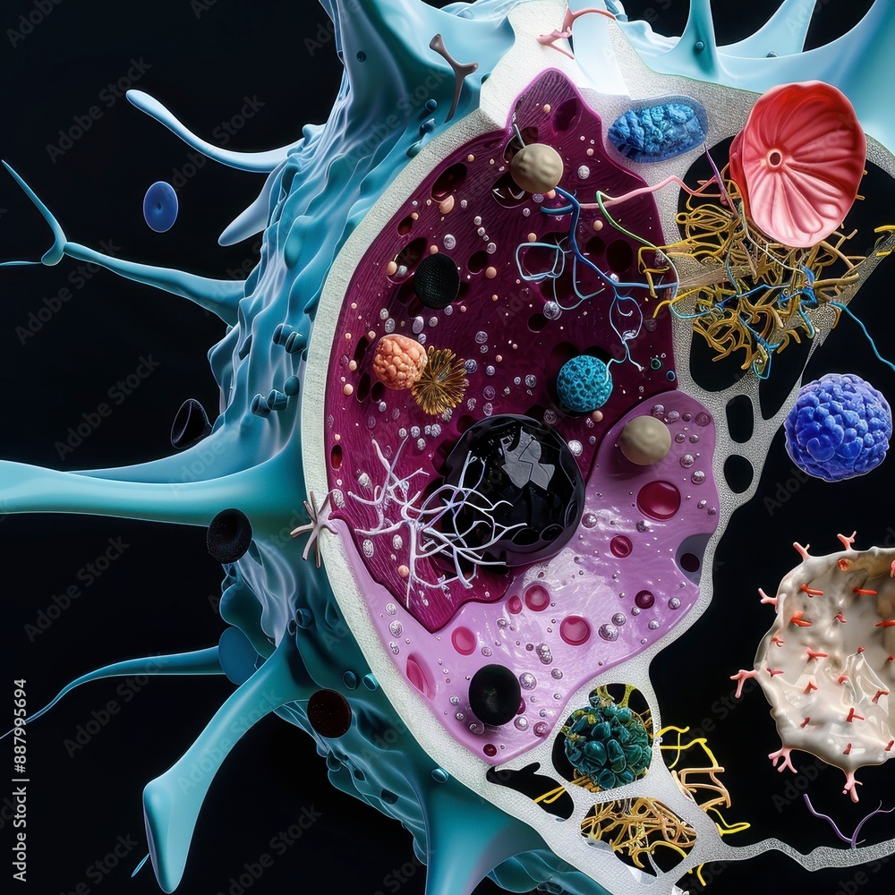 High-resolution image of a human cell with labeled organelles, Human ...