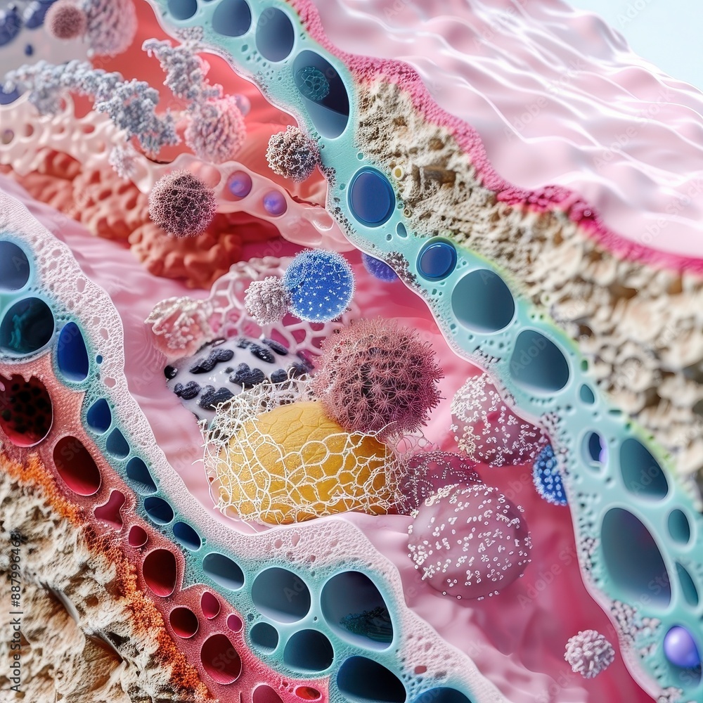 Cross-sectional view of skin showing epidermal layers and cells, Human ...