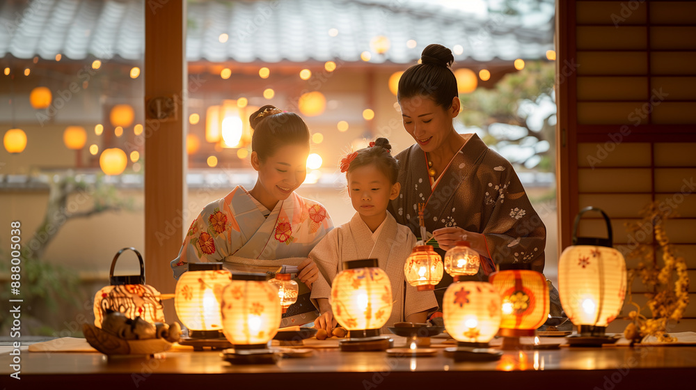 a Japanese family celebrating Obon (a traditional Japanese festival ...