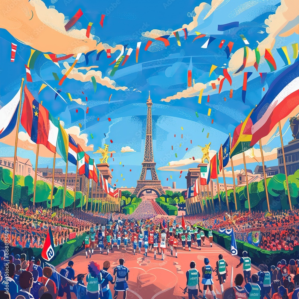 Paris 2024 Olympic Games Description: A vibrant depiction of athletes ...