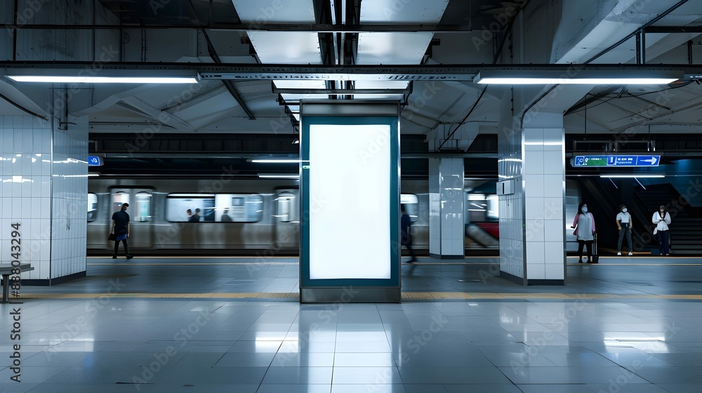 Empty advertising column in a subway station with people waiting on the ...