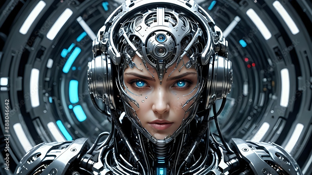A futuristic female cyborg with blue eyes stares intensely at the ...