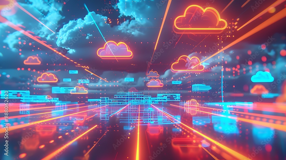 Visual concept of digital data transfer with cloud symbols and virtual ...