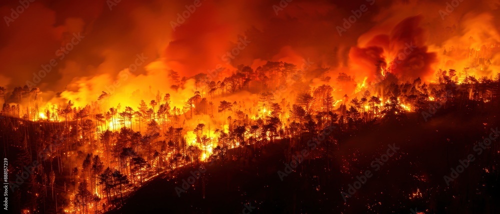 Wildfire Ravaging Forest. An intense wildfire spreads rapidly through a ...