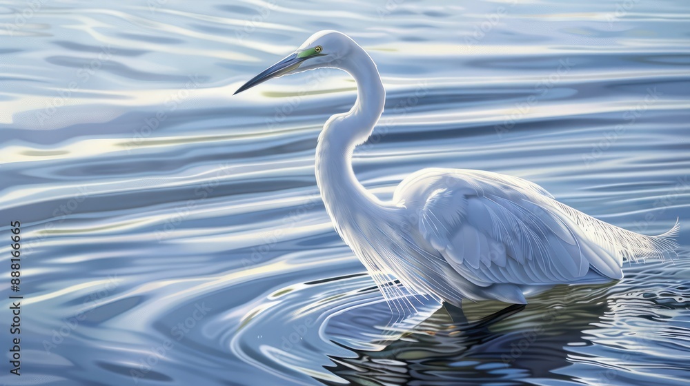 Gracefully gliding across the water, a majestic white bird with a long ...