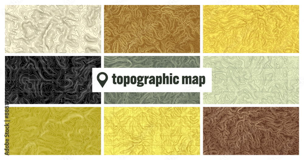 Colorful topographic map with contour lines. Geographic terrain grid ...