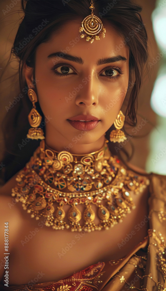 young beautiful indian woman wearing gold jwelery Stock Photo | Adobe Stock