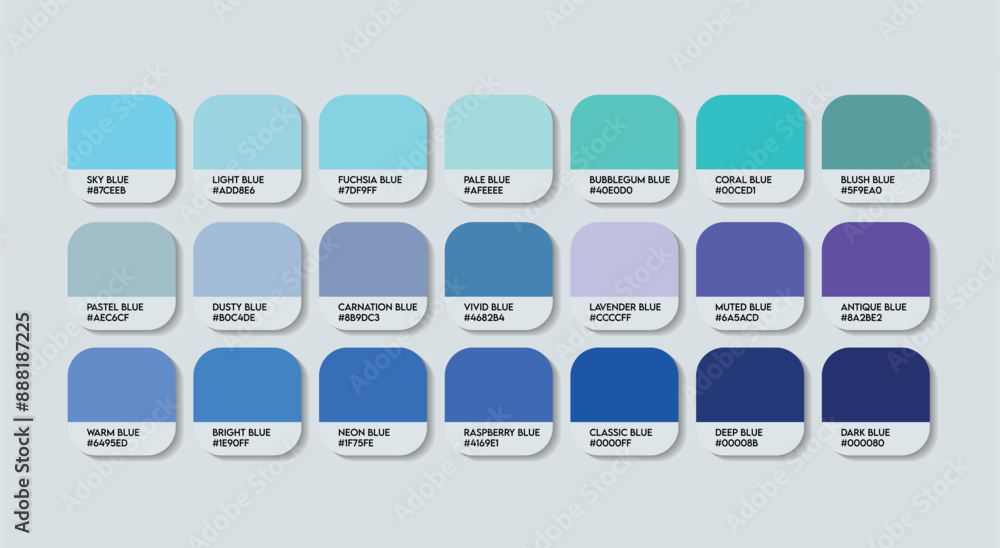 Blue Color Palette, Blue Color Guide Palette with Color Names. Catalog ...