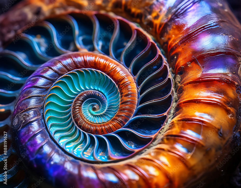 Ultra-detailed image of a fossilized ammonite, spiral chambers and ...