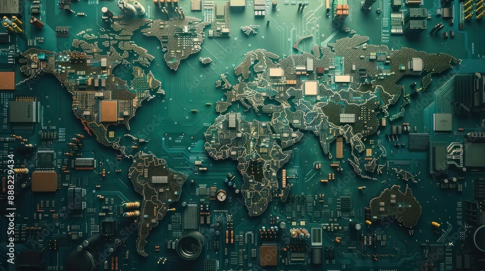 Global map made of electronic circuit board components symbolizing ...