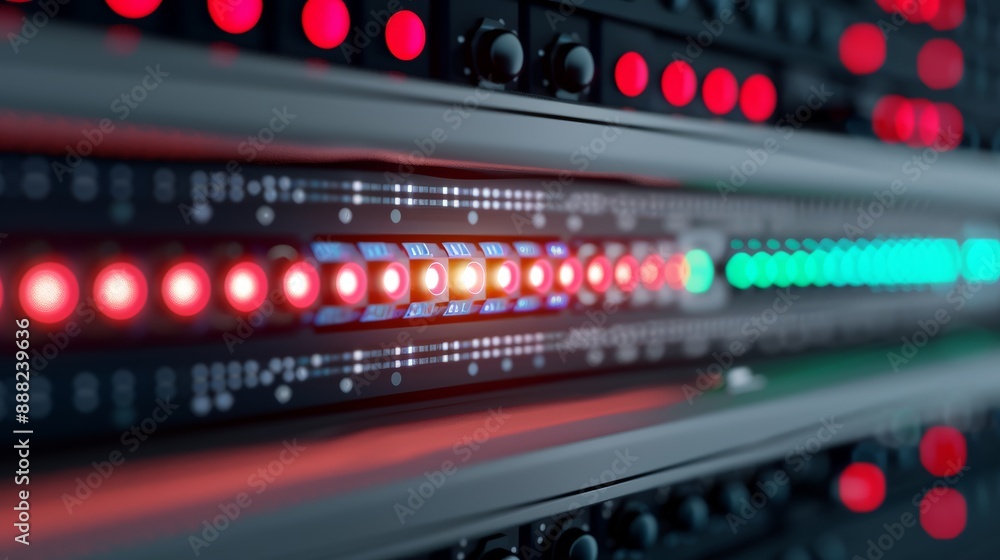 A close-up of a network switch with blinking lights, indicating active ...