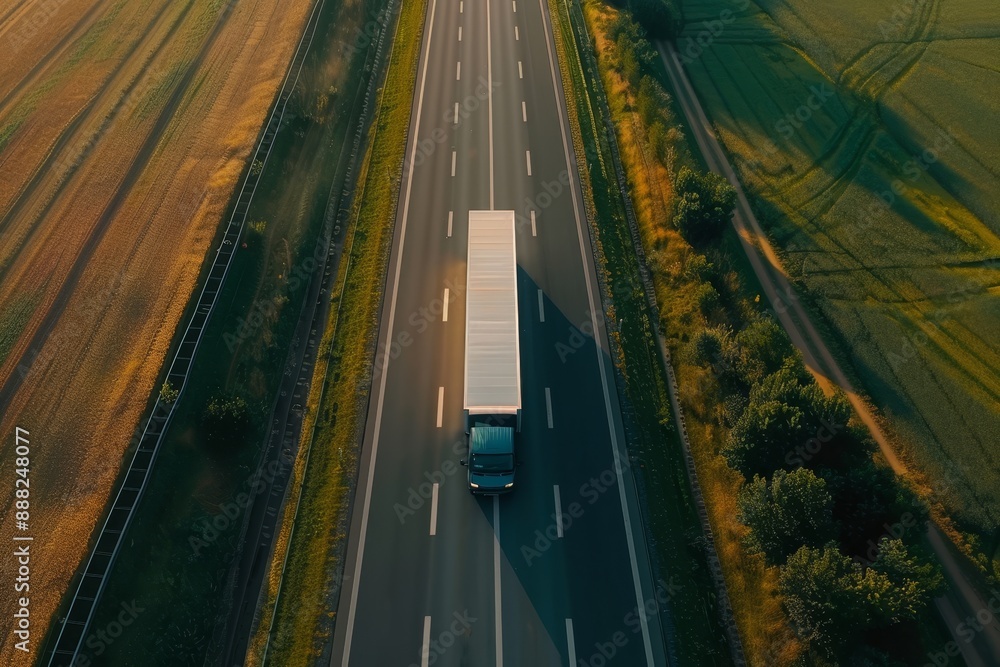 Bird s eye view of pickup truck with trailer on country highway drone ...