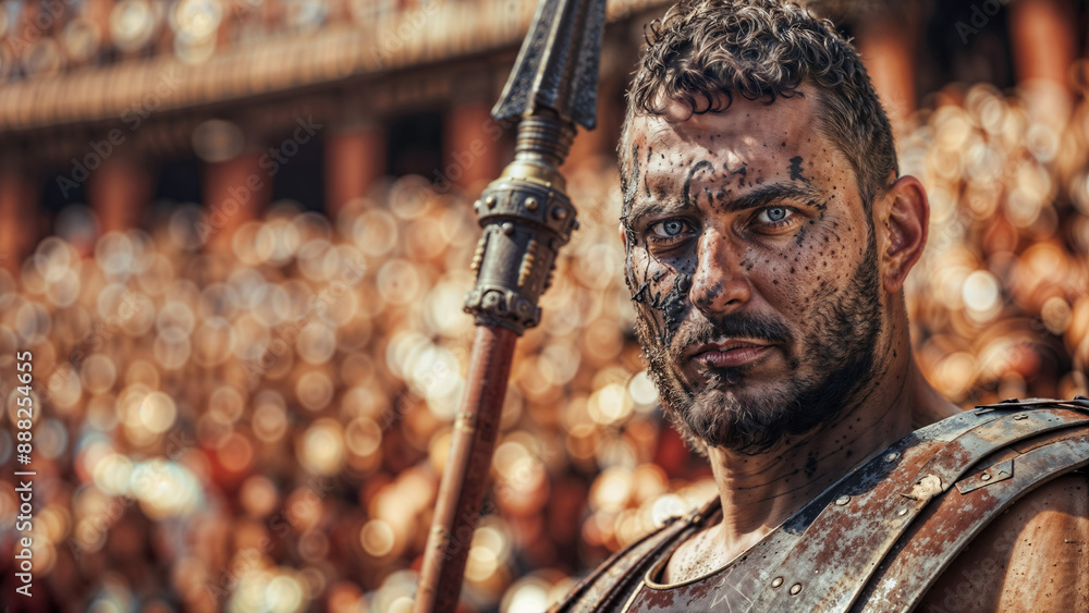 Fierce gladiator stands in packed ancient arena, wielding spear, with ...