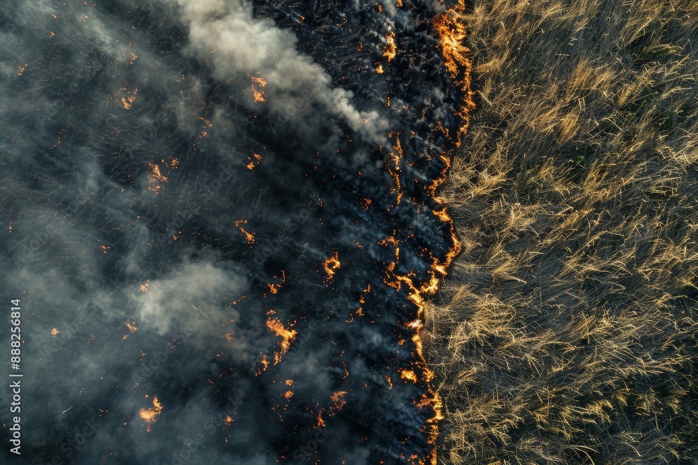 Forest and field fire seen from above burning dry grass Black ash ...
