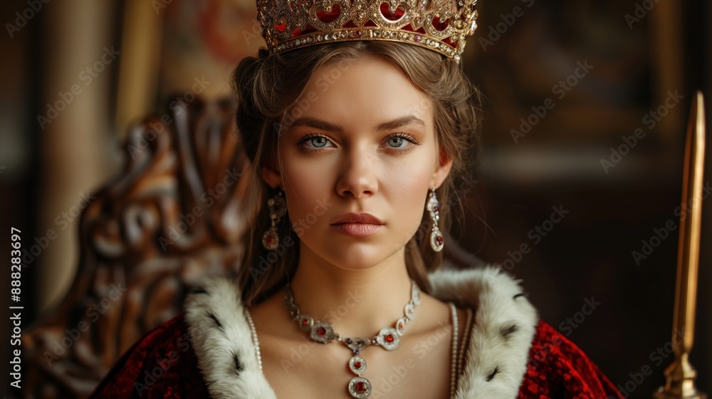 Medieval queen in regal attire, with a crown and scepter, representing ...