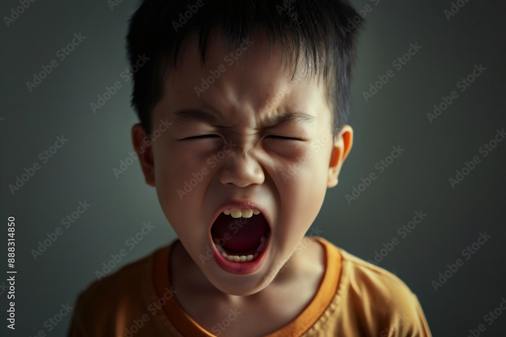 Portrait of Asian angry, sad and cry little boy on dirty grey color ...