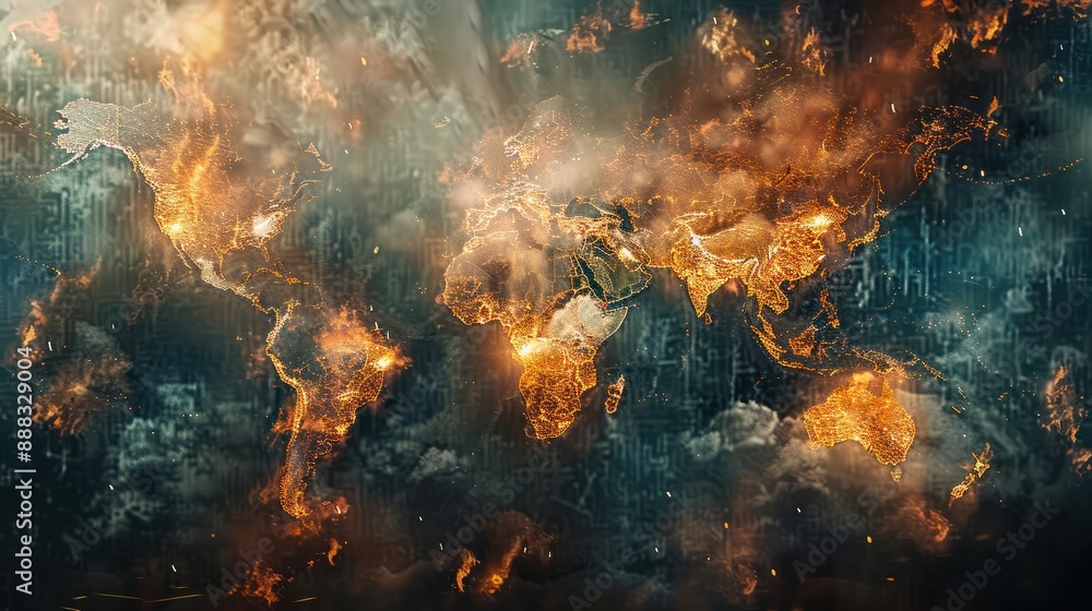 A world map in war with military targets where explosions, fire and ...