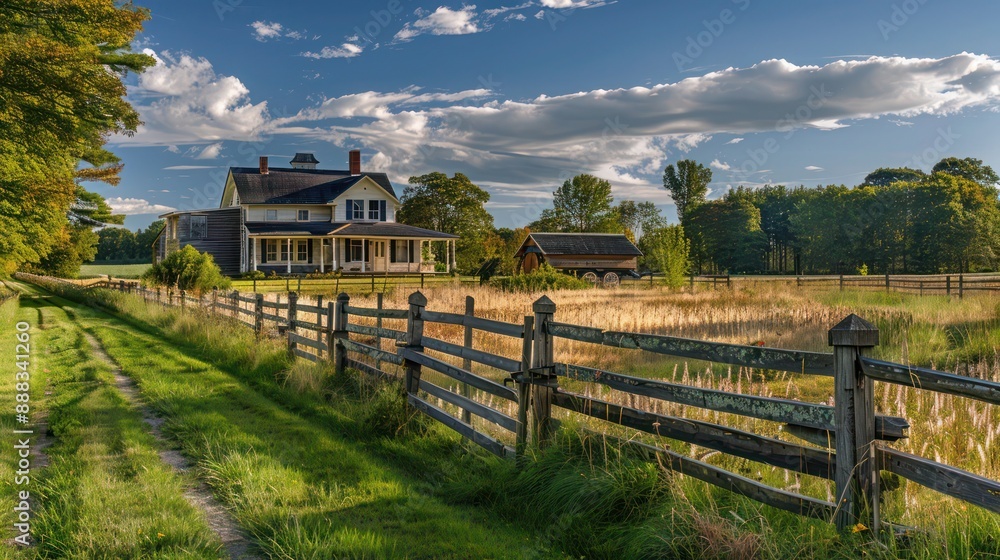Suburban farmhouse with an antique carriage house, surrounded by a ...