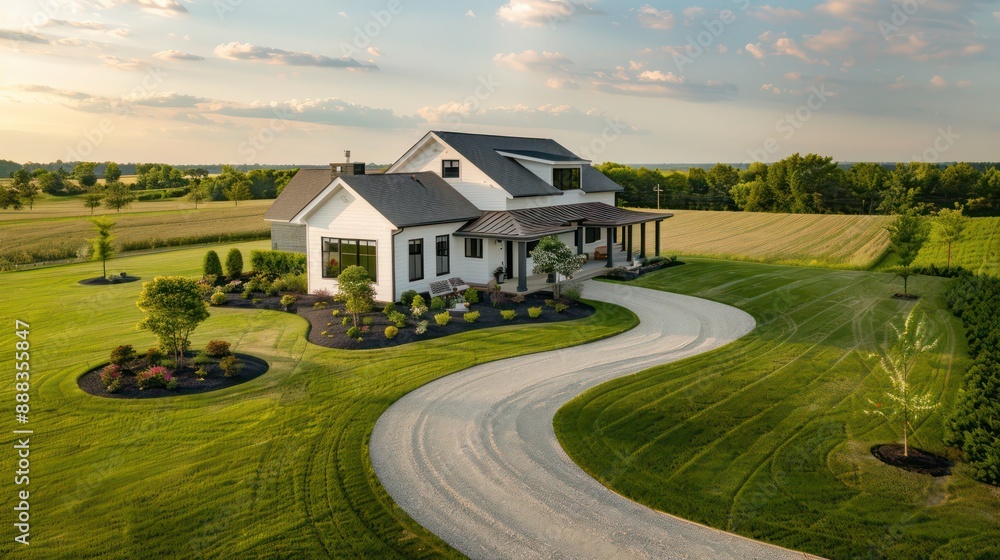 bird's-eye view of a suburban farmhouse with a sprawling lawn, modern ...