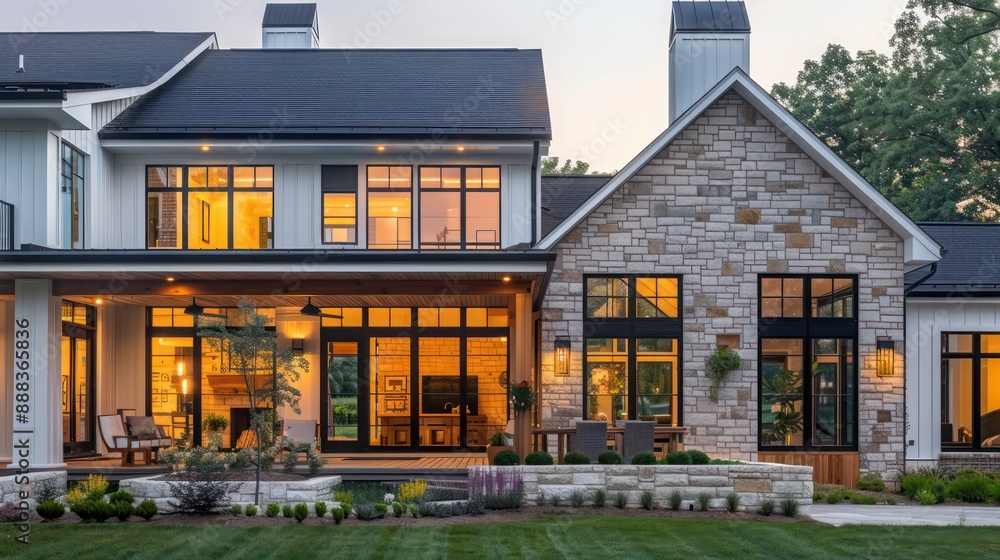 The elegant exterior of a modern suburban farmhouse, featuring a ...