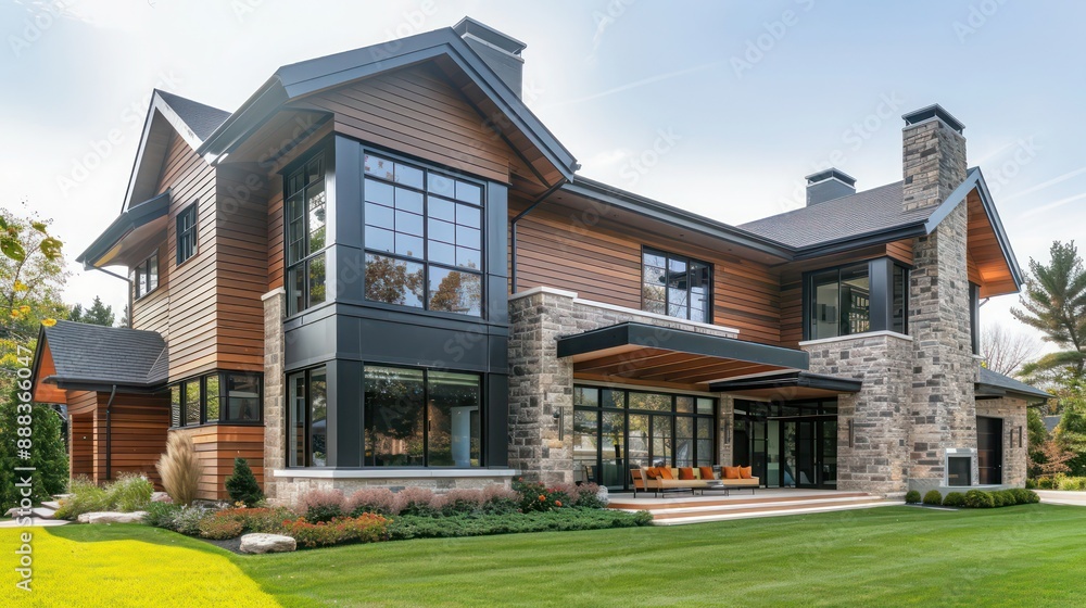 The elegant exterior of a modern suburban farmhouse, featuring a ...