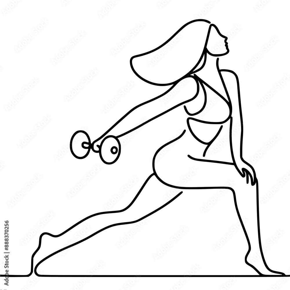 Simple one line vector drawing of a girl in a lunge with a dumbbell in ...